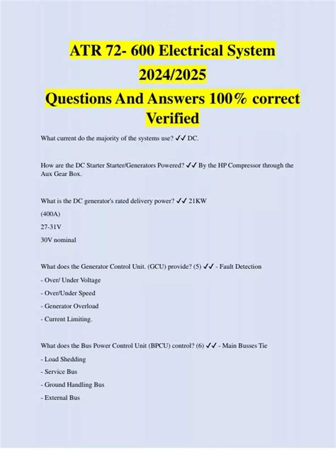 Atr 72 600 Electrical System 2024 2025 Questions And Answers 100 Correct Verified Atr