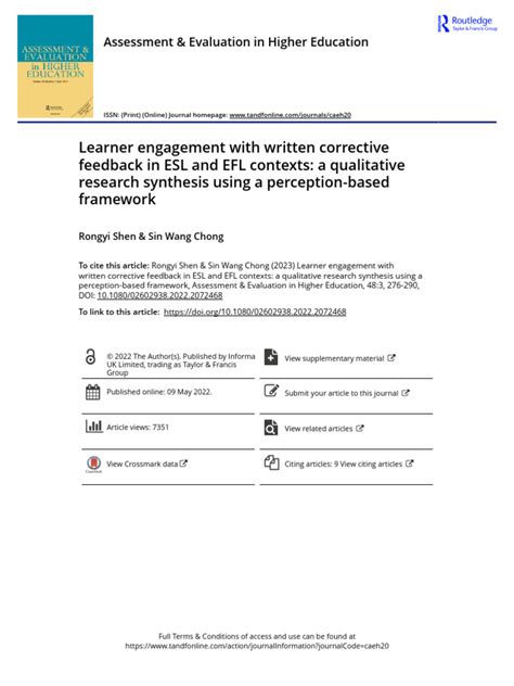 Learner Engagement With Written Corrective Feedback In Esl And Efl Contexts A Qualitative