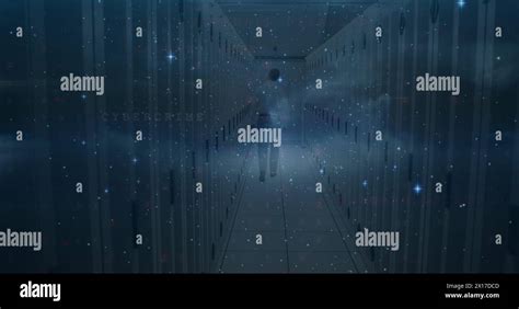 Image Of Cyber Security Data Processing And Stars Over Male Engineer Walking In Server Room