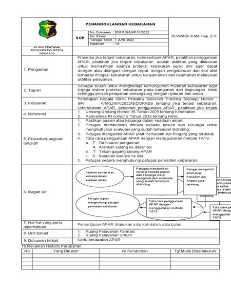 3513 Sop Jika Tjdi Kebakaran Ketersediaan Apar Pelatihan Penggunaan Apar Pelatihan Jika