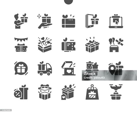 선물 상자 파티와 축하 현재와 놀라움 선물 상자를 엽니다 온라인으로 선물을 보내십시오 벡터 솔리드 아이콘 간단한 픽토그램 0명에 대한 스톡 벡터 아트 및 기타 이미지