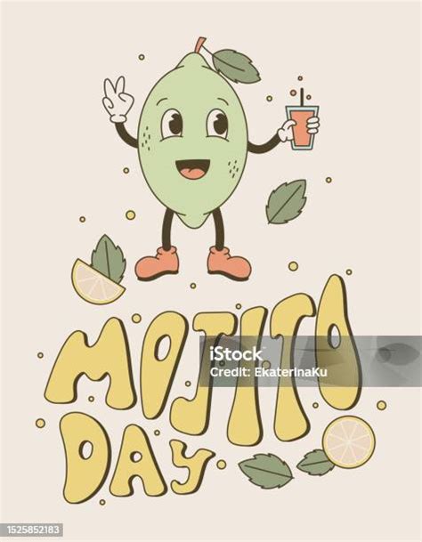 손글씨 레터링 모히토 데이 휴일 그루비 스타일의 재미있는 옛 만화 캐릭터 칵테일과 라임 벡터 복고풍 배너 또는 엽서 감귤류 과일에 대한 스톡 벡터 아트 및 기타 이미지
