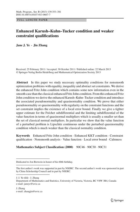 Pdf Enhanced Karushkuhntucker Condition And Weaker Constraint