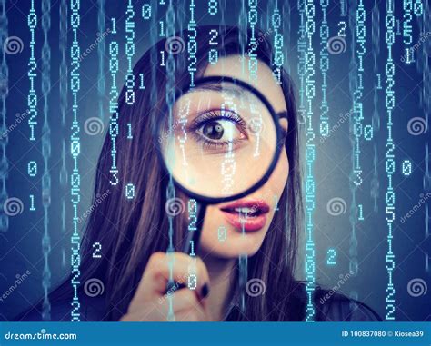 Surveillance Of Cyber Crime Concept Curious Woman Looking Through A Magnifying Glass And