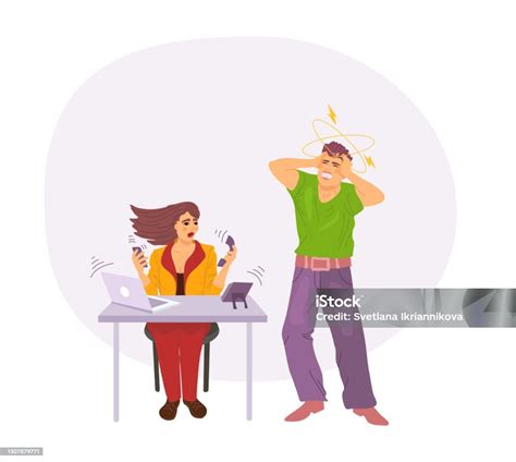 불안 스트레스의 상황에서 화가 상사와 직원 소녀 심술 분노 비명 직원에게 맹세 머리를 들고 있는 남자는 생각에 길을 잃었다 불리한 분위기 무례 감독에 대한 스톡 벡터 아트