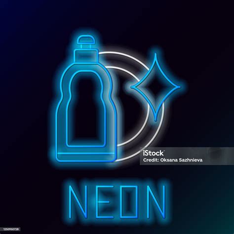 액체 세탁 세제 표백제 식기 세척액 또는 검은 색 배경에 다른 청소 제 아이콘에 대한 파란색 빛나는 네온 라인 플라스틱 병 다채로운 개요 개념 벡터 일러스트레이션 가사