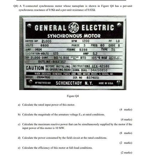 solved q4 a y connected synchronous motor whose nameplate is shown in