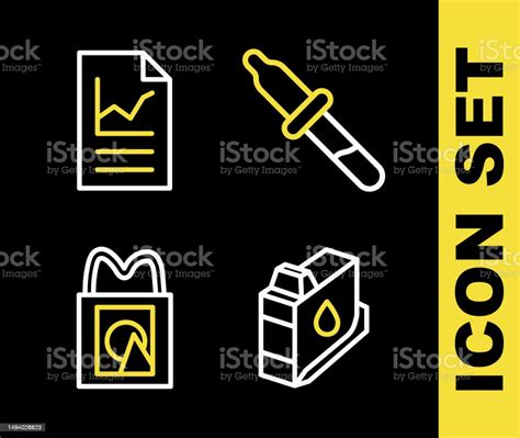 라인 피펫 프린터 잉크 카트리지 종이 쇼핑백 및 그래프 차트 아이콘이 있는 문서를 설정합니다 벡터 Cmyk에 대한 스톡 벡터 아트 및 기타 이미지 Istock