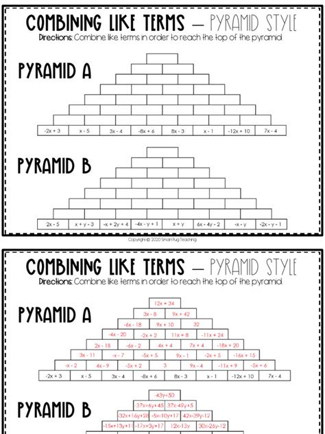 Combining Like Terms Activity Pyramid Style Pdf