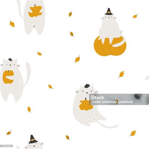 호박이 있는 순례자 모자를 쓴 추수감사절 고양이와 매끄러운 패턴 11월에 대한 스톡 벡터 아트 및 기타 이미지 11월 가을 계절 Istock