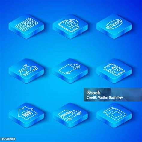 설정 라인 온라인 주문 및 배달 자동차로 빠르게 핫도그 샌드위치 스쿠터 레스토랑 카페 메뉴 및 아이콘 벡터 3차원 형태에 대한 스톡 벡터 아트 및 기타 이미지 Istock