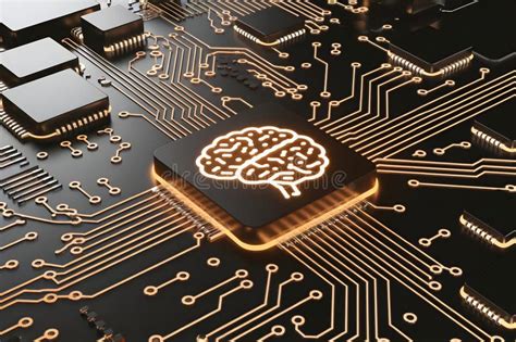 Circuit Board Centers Around Glowing Brain Icon Symbolizing Ai And Neural Networks Stock
