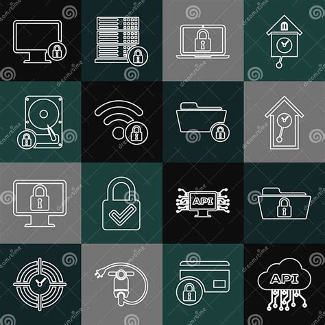 Set Line Cloud Api Interface Folder And Lock Retro Wall Watch Laptop