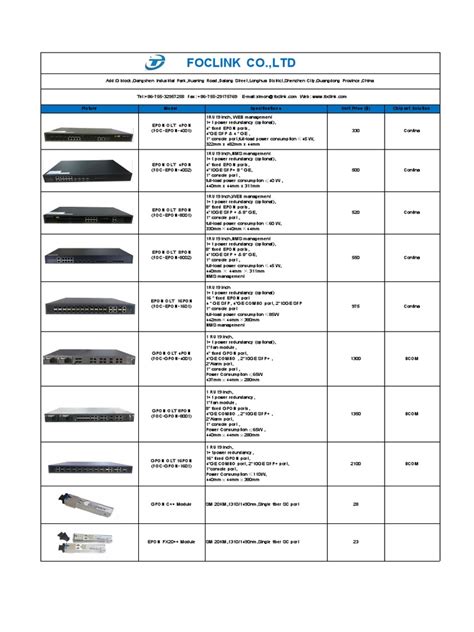 Foc Epon And Gpon Olt Quotation Sheet Pdf Telecommunications Computer Networking