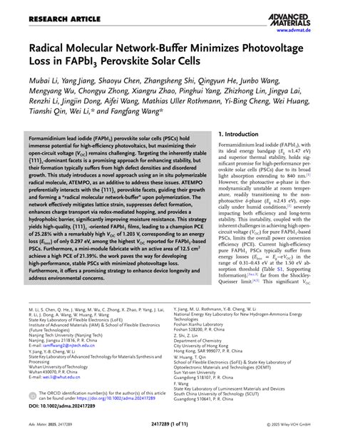 Radical Molecular Network‐buffer Minimizes Photovoltage Loss In Fapbi₃ Perovskite Solar Cells