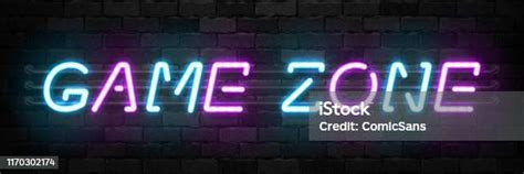 벽 배경에 템플릿 및 레이아웃에 대한 게임 존 타이포그래피 아이콘의 벡터 현실적인 고립 된 네온 기호 게임의 개념 경기 스포츠에 대한 스톡 벡터 아트 및 기타 이미지