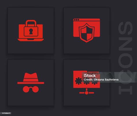 암호로 폴더 노트북 및 잠금 브라우저 방패 및 시크릿 모드 아이콘을 설정합니다 벡터 개념에 대한 스톡 벡터 아트 및 기타 이미지