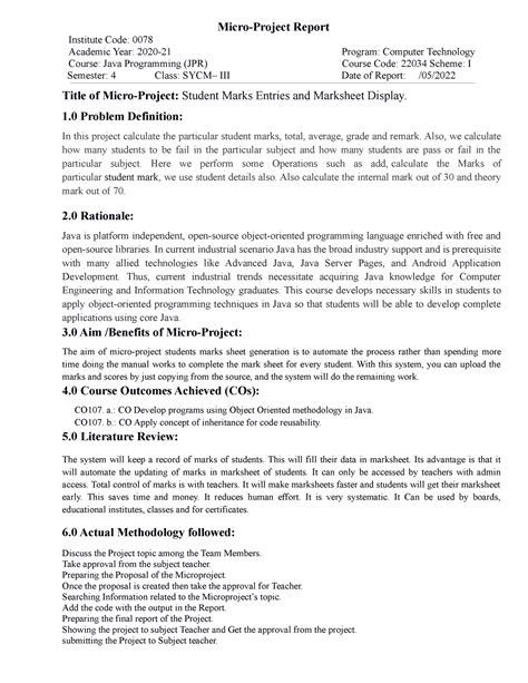 Java Micro Project Report Micro Project Report Institute Code 0078 Academic Year 2020 21