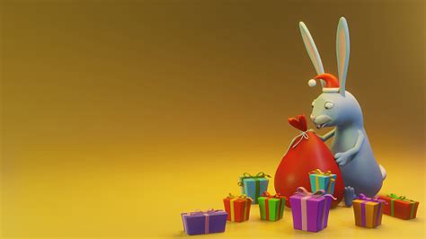 노란색 배경에 선물 상자와 토끼가 있는 3d 렌더링 새해와 크리스마스 디자인 엽서 배너 웹 물 토끼의 중국 설날에 대한 인사말 카드 개념 2023년에 대한 스톡 사진 및