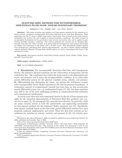 Pdf Least Squares Methods For Incompressible Newtonian Fluid Flow