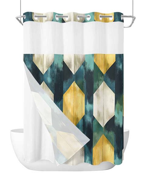 No Hook Shower Curtains With Snap In Liner Teal Yellow Rhombus