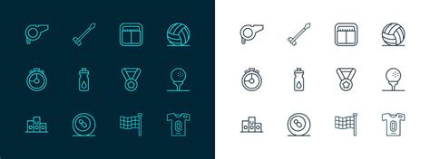 세트 라인 배구 공 당구 풀 스누커 메달 체크 무늬 깃발 피트니스 셰이커 스포츠 기계 스코어 보드 호루라기 및 중세 화살표 아이콘 벡터 8에 대한 스톡 벡터 아트 및 기타