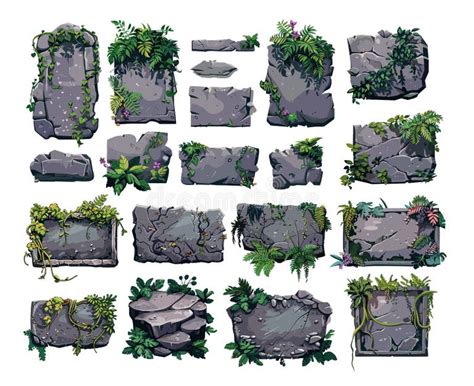 Stone Tablets Cartoon Vector Set Rock Plates Game Buttons Stem Leaves Lianas Frame Slab