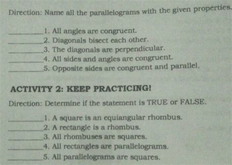 Solved Direction Name All The Parallelograms With The Given Properties 1 All Angles Are