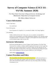 SUMMER 2020 Syllabus CSCI 111 VA B Docx Survey Of Computer Science