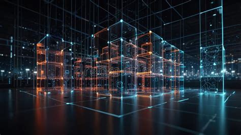 Futuristic Blockchain Network With Glowing Interconnected Cubes Stock Illustration