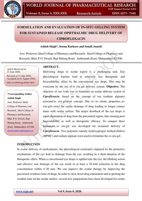 Pdf Formulation And Evaluation Of In Situ Gelling System For Sustained Release Ophthalmic Drug