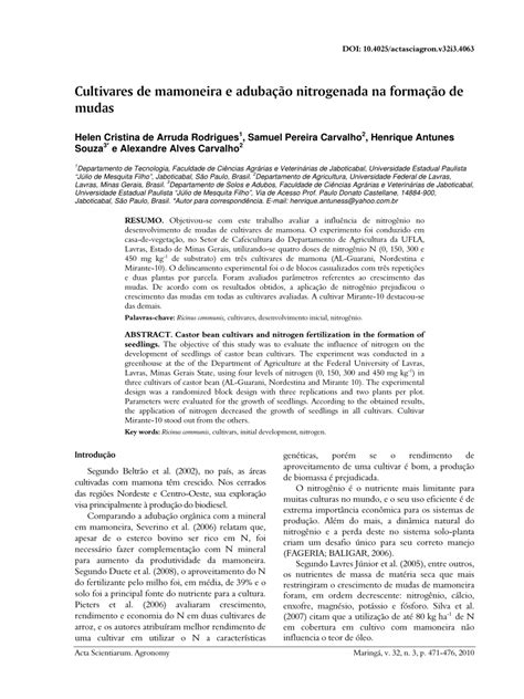 Pdf Castor Bean Cultivars And Nitrogen Fertilization In The Formation Of Seedlings