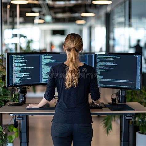 Programmer Woman Working On Triple Monitor Setup Stock Image Image Of