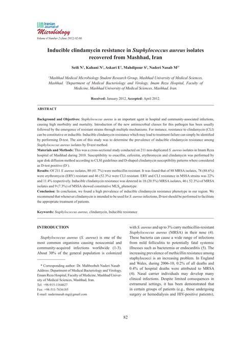 Pdf Inducible Clindamycin Resistance In Staphylococcus Aureus Isolates Recovered From Mashhad
