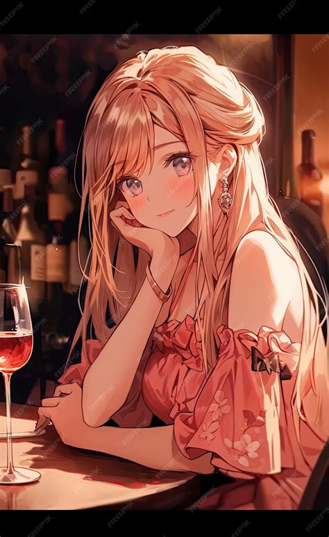 Premium Photo Beautiful Young Anime Woman Drinking Wine In A Restaurant Digital Illustration