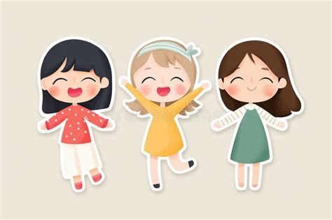 Three Happy Chibi Girls Smiling And Having Fun Stock Illustration