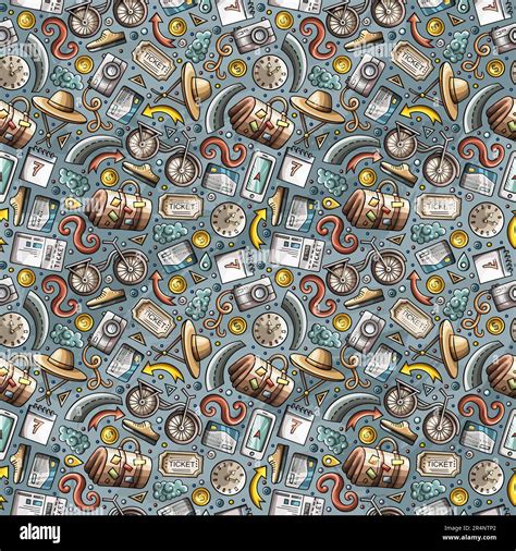 Cartoon Cute Traveling Seamless Pattern Colorful Detailed With Lots Of Objects Background