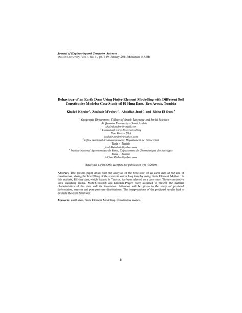 PDF Behaviour Of An Earth Dam Using Finite Element Modelling With Different Soil Constitutive