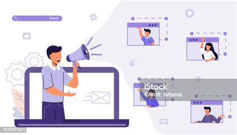 인플루언서 또는 소셜 마케팅 배너 맨 고용주 노트북에서 시끄러운 스피커에 소리 와 새로운 직원 소셜 미디어 계정 프로모션을 모집 청중 또는 추종자 성장 Smm 배너 방문