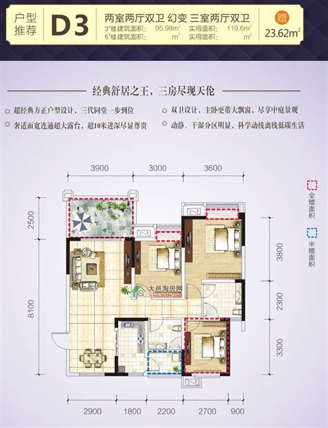 祥荣城市绿洲2014年最新在售户型图大全3d3两室两厅双卫变套三建筑面积9598㎡，赠送2362㎡大邑楼盘大邑房产网大邑淘房网