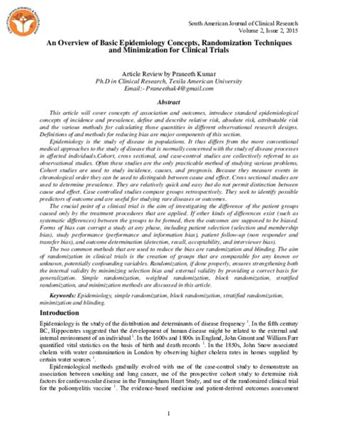 Pdf An Overview Of Basic Epidemiology Concepts Randomization Techniques And Minimization For