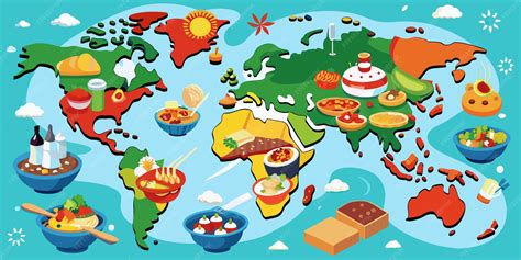 Premium Vector A World Map With Different Foods Including Food And A
