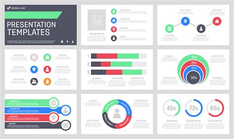 그래프와 차트가 있는 다목적 프레젠테이션 템플릿 슬라이드에 대한 녹색 빨간색 파란색 및 진한 회색 요소 집합입니다 가리키기에 대한 스톡 벡터 아트 및 기타 이미지 Istock