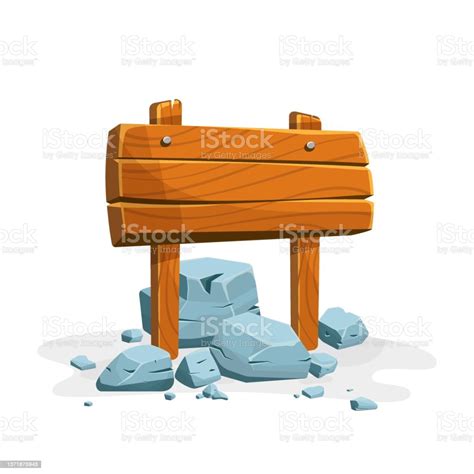 텍스트에 대한 빈 공간이있는 돌이있는 나무 표지판 바위에 서 다양한 형태의 나무 표지판의 만화세트 벡터 그림입니다 0명에 대한 스톡 벡터 아트 및 기타 이미지 Istock