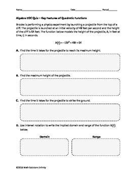 Algebra EOC Quiz Key Features Of Quadratic Functions BUNDLE TpT
