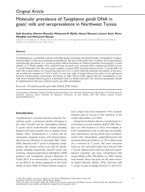 Pdf Molecular Prevalence Of Toxoplasma Gondii Dna In Goats Milk And Seroprevalence In