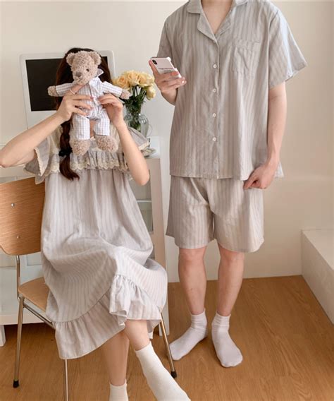 소랜디 💙커플 원피스 잠옷💙그레이 커플룩 시밀러룩 신혼 여행 레이스 바캉스 파자마 여름 반팔 세트 웨어