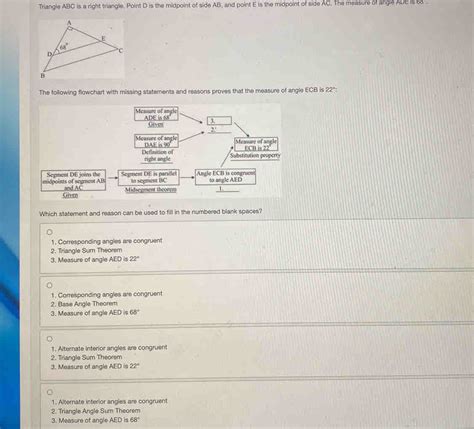 Solved Triangle Abc Is A Right Triangle Point D Is The Midpoint Of Side Ab And Point E Is The