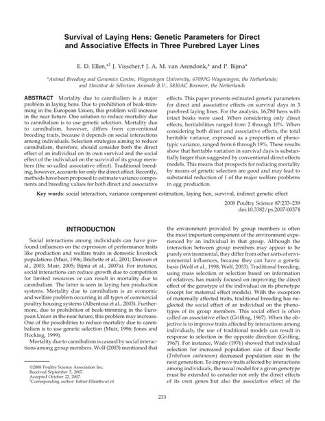 Pdf Survival Of Laying Hens Genetic Parameters For Direct And