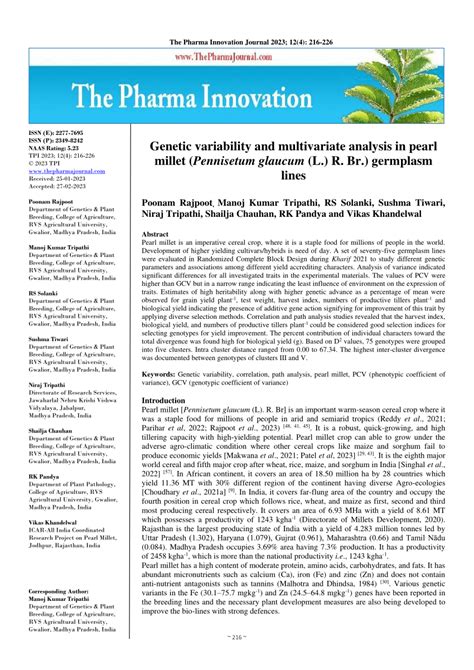 Pdf Genetic Variability And Multivariate Analysis In Pearl Millet Pennisetum Glaucum L R